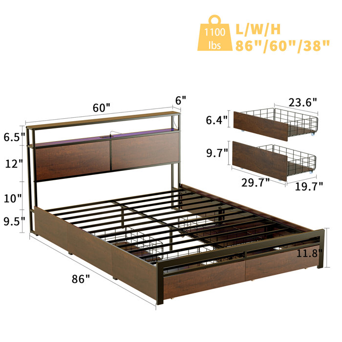 17 Stories Bed Frame with 4 Drawers, Metal Frame with LED Lights and ... 17 Stories Bed Frame with 4 Drawers, Metal Frame with LED Lights and ...